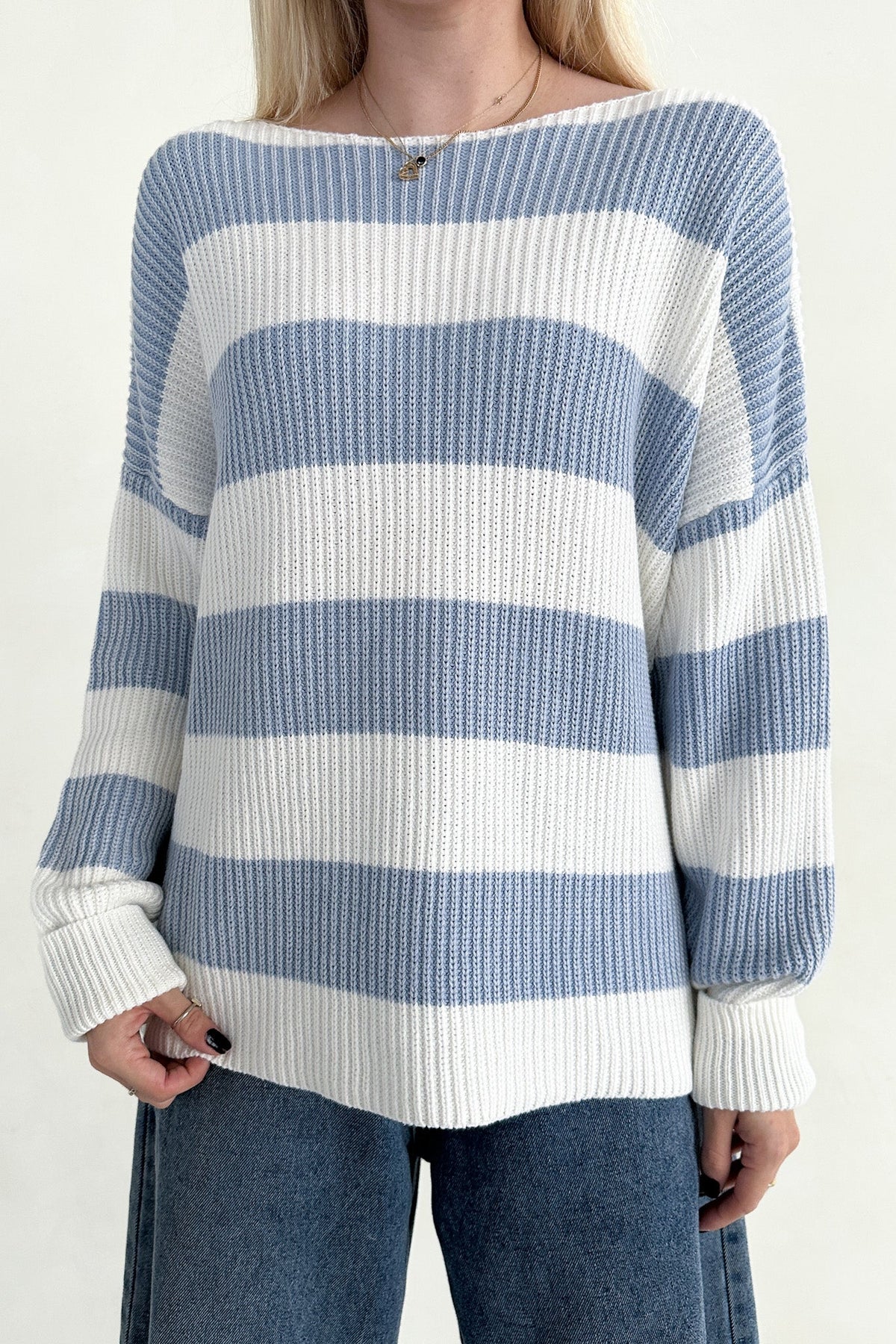 Priscilla Striped Cotton Boat Neck Sweater l Neutral Ground